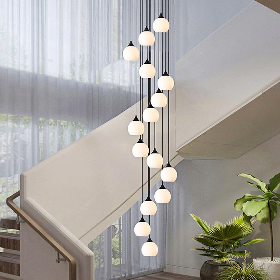 Large Round Staircase Foyer Staggered Pendant Light with Opal Globe ...